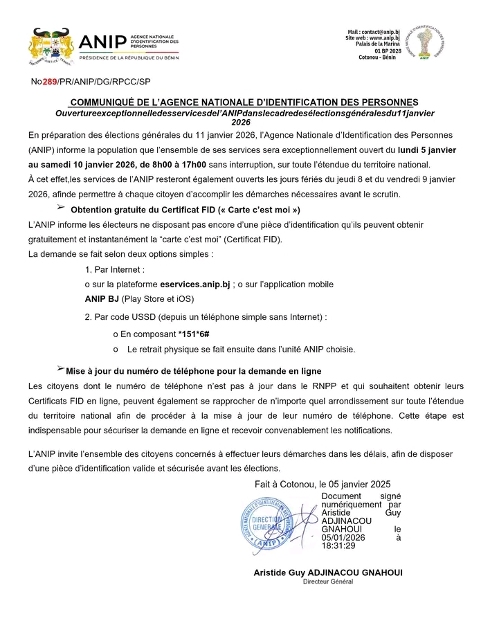 Élections générales 2026 : l’ANIP ouvre exceptionnellement ses services ...